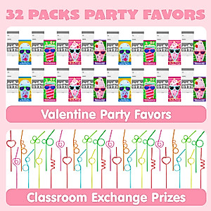 JOYIN 32 Pack valentines day Straws with Cards, Colorful Crazy Reusable Drinking Straws for kids, Valentines Day Gift, Classroom Exchange Prizes, Valentine Party Favors Gifts