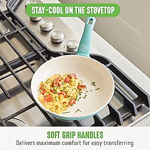 GreenLife Soft Grip 8” Frypan Skillet and Spatula Breakfast Cookware Set, PFAS-Free Ceramic Nonstick, Silicon Spatula with Bamboo Handle, Egg Omelette, Dishwasher Safe, Stay-Cool Handles, Turquoise