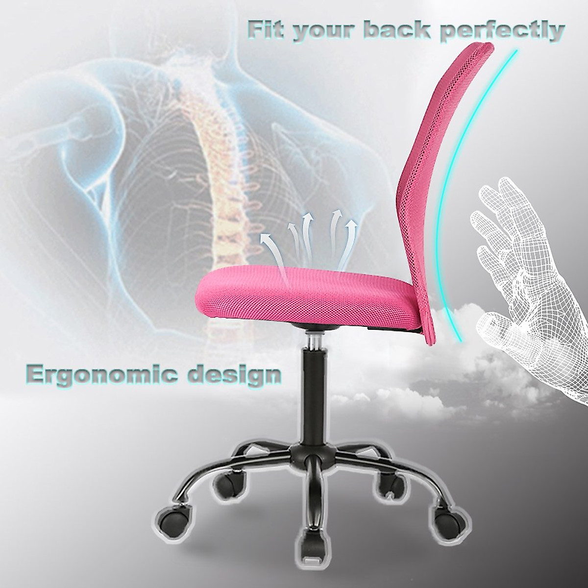 Simple Mesh Office Chair, Ergonomic Office Chair Armless Home Office Chair Adjustable Computer Chair Task Rolling Swivel Chair Black Desk Chair for Working,Meeting - Pink
