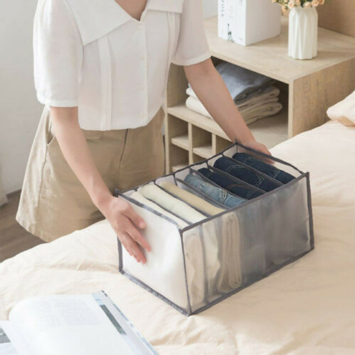 ANCOKKI Wardrobe Clothes Organizer, 7 Grids Visible Clothes Organizer drawers for Jeans, Leggings, T-Shirt, Skirt, Compartment Storage Box 2 Pack (Leggings Grid 2 Pack, Grey)