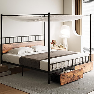 LIKIMIO Canopy Bed Frame King with Wooden Headboard and Drawer, King Size Bed Frame with 4 Removable Sturdy Posts, Noise Free, No Box Spring Needed, Vintage Brown