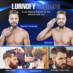 LURNOFY Hair Clippers for Men + T-Blade Trimmer Kit, Professional Edgers Barber Clippers Set Cordless Rechargeable Zero Gapped Beard Trimmer for Hair Cutting Grooming Kit with LED Display (Silver)