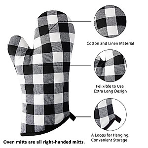 GROBRO7 6Pcs Buffalo Check Plaid Oven Mitts and Pot Holders Set Pure Cotton Heat Resistant Potholders Washable Durable BBQ Gloves with Hanging Loop for Safe Kitchen Baking Cooking Grilling White&Black