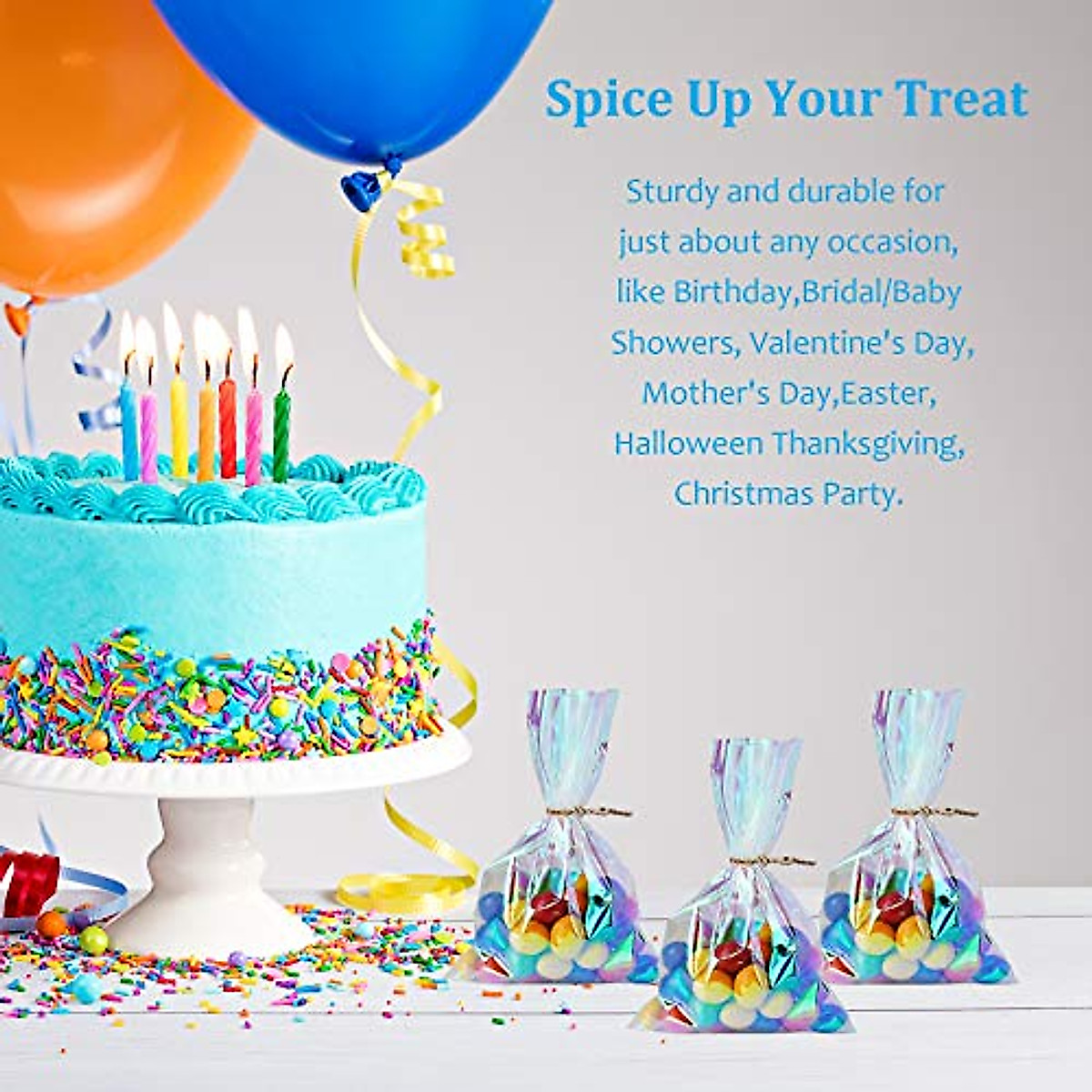 Morepack Easter Iridescent Holographic Cellophane Treat Bags,4x6 Inch Party Favor Cookie Bags with 5 Colors Twist Ties for Baby Showers Weddings Birthday Party,100Pcs