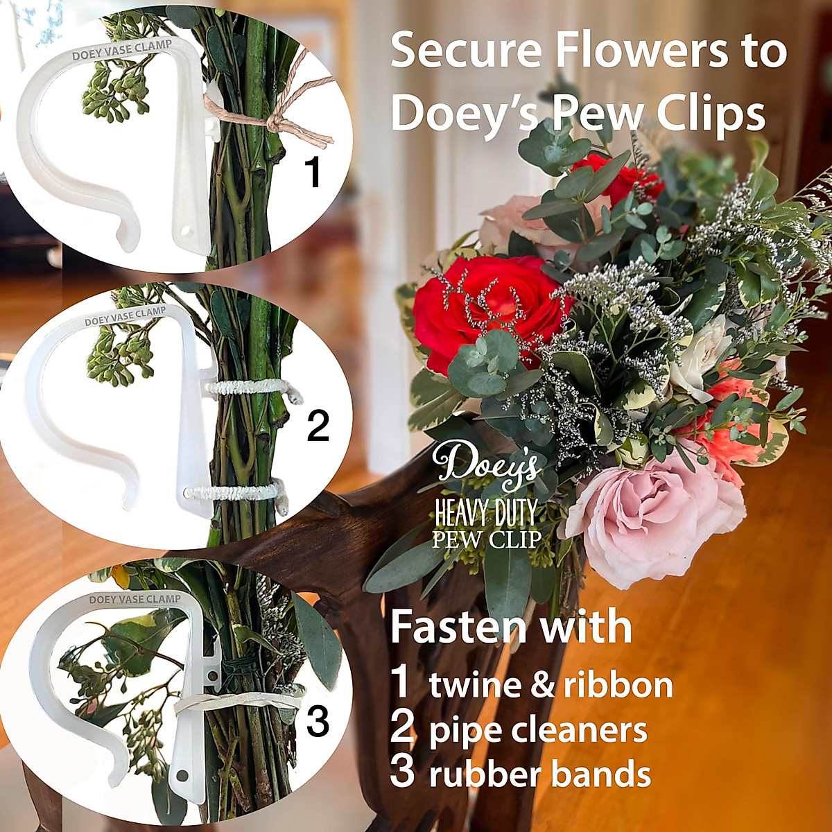 Doey's Heavy Duty Pew Clips for Weddings (12-Pack) Dependable Flexible Hook for Church Ceremony Aisle Decorations - Secure Bows, Flowers, Signs, Garland to Pew Ends, Bench Seats, Chairs (Made in USA)