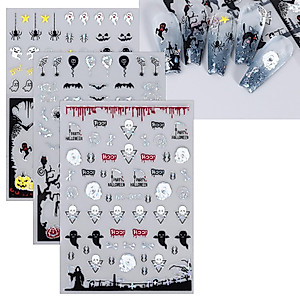 JMEOWIO 12 Sheets Halloween Nail Art Stickers Decals Self-Adhesive Pegatinas Uñas Skull Ghost Witchy Spider Web Bat Pumpkin Spook Nail Supplies Nail Art Design Decoration Accessories