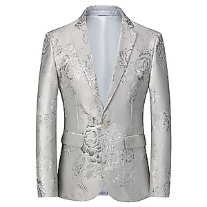 Mens Notched Lapel Dress Floral Suit Luxury Printed Slim Fit Stylish Blazer Casual Single Breasted Wedding Jacket (White,5X-Large)