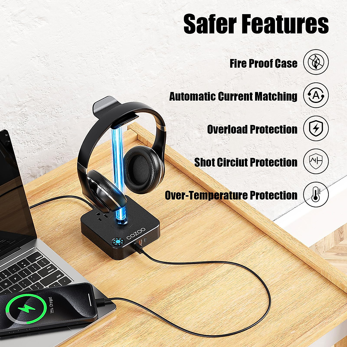 RGB Headphone Stand with USB Charger COZOO Desktop Gaming Headset Holder Hanger with 3 USB Charger and 2 Outlets - Great for Gaming, DJ, Wireless Earphone Display,Gamer PC Accessories Boyfriend Gifts