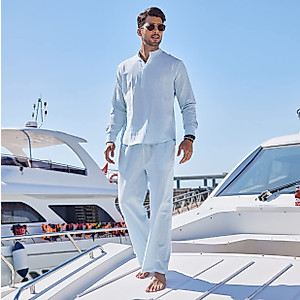 COOFANDY Men's 2 Pieces Cotton Linen Set Long Sleeve Henley Shirts Casual Beach Pants With Pockets Summer Yoga Outfits