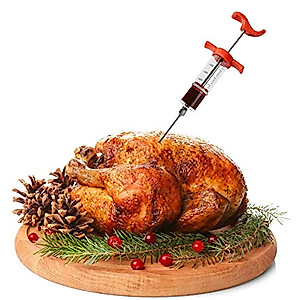 Meat Injector Kit, Plastic Marinade Turkey BBQ 1-oz Syringe with 2 Stainless Steel Needles - 3 Extra O-Rings & 1 Cleaning Brush For Basting & Grilling