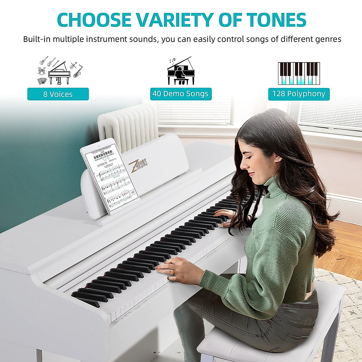 ZHRUNS Digital Piano,88 Heavy Hammer Piano Keys with Touch Response Electric Keyboard Piano/Music Stand+Power Adapter+3 Metal Pedals+Instruction Book,Headphone Jack/MIDI Input/Outputp (White)