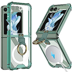 NINKI Compatible Samsung Galaxy Z Flip 5 Case Clear with Ring,4 Corners Heavy Duty Shockproof Samsung Z Flip 5 Case Rugged Slim Silicone Wireless Cover Phone Case for Galaxy Z Flip 5 Case 5G (Green)
