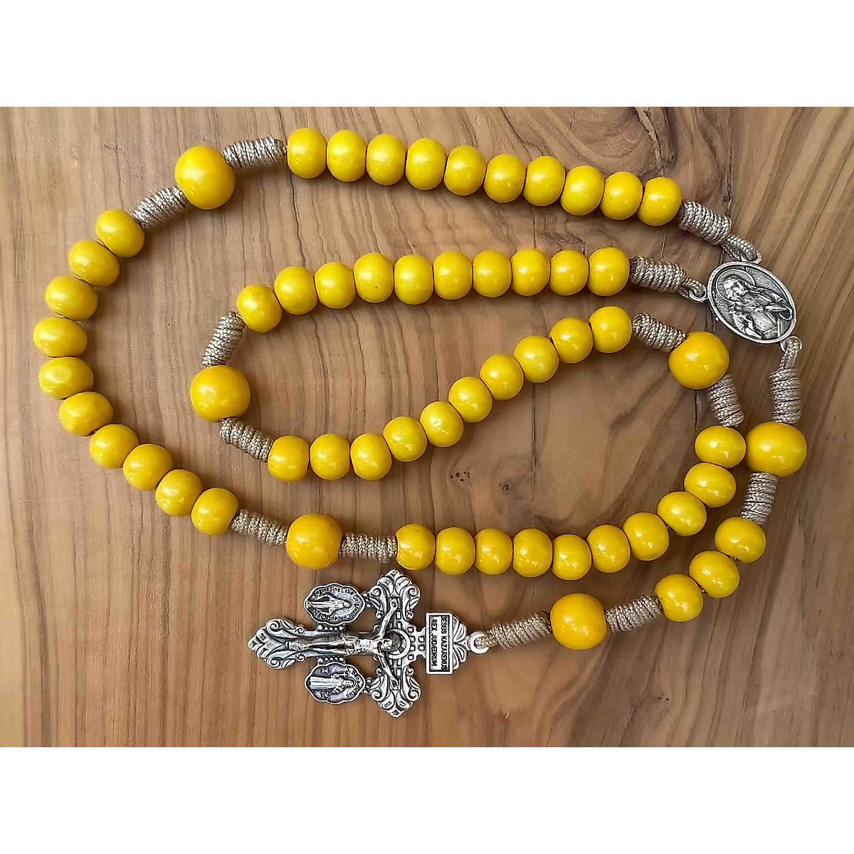 Yellow Wooden Prayer Beads Rosary With Pardon Crucifix Pendant Immaculate Heart Of Mary
