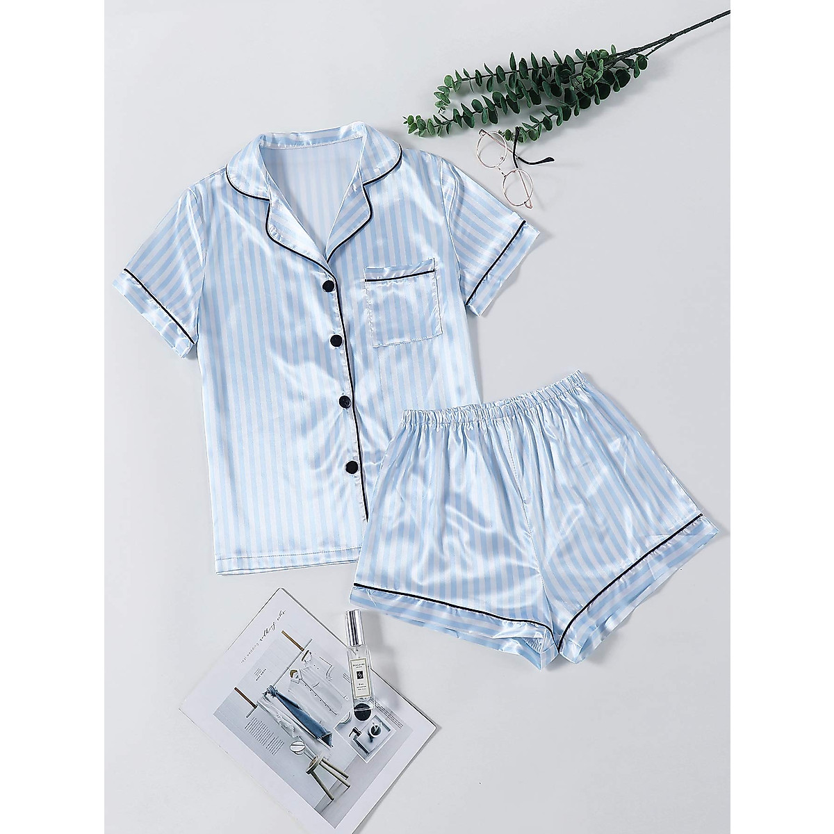 LYANER Women's Striped Silky Satin Pajamas Short Sleeve Top with Shorts Sleepwear PJ Set Light Blue Small