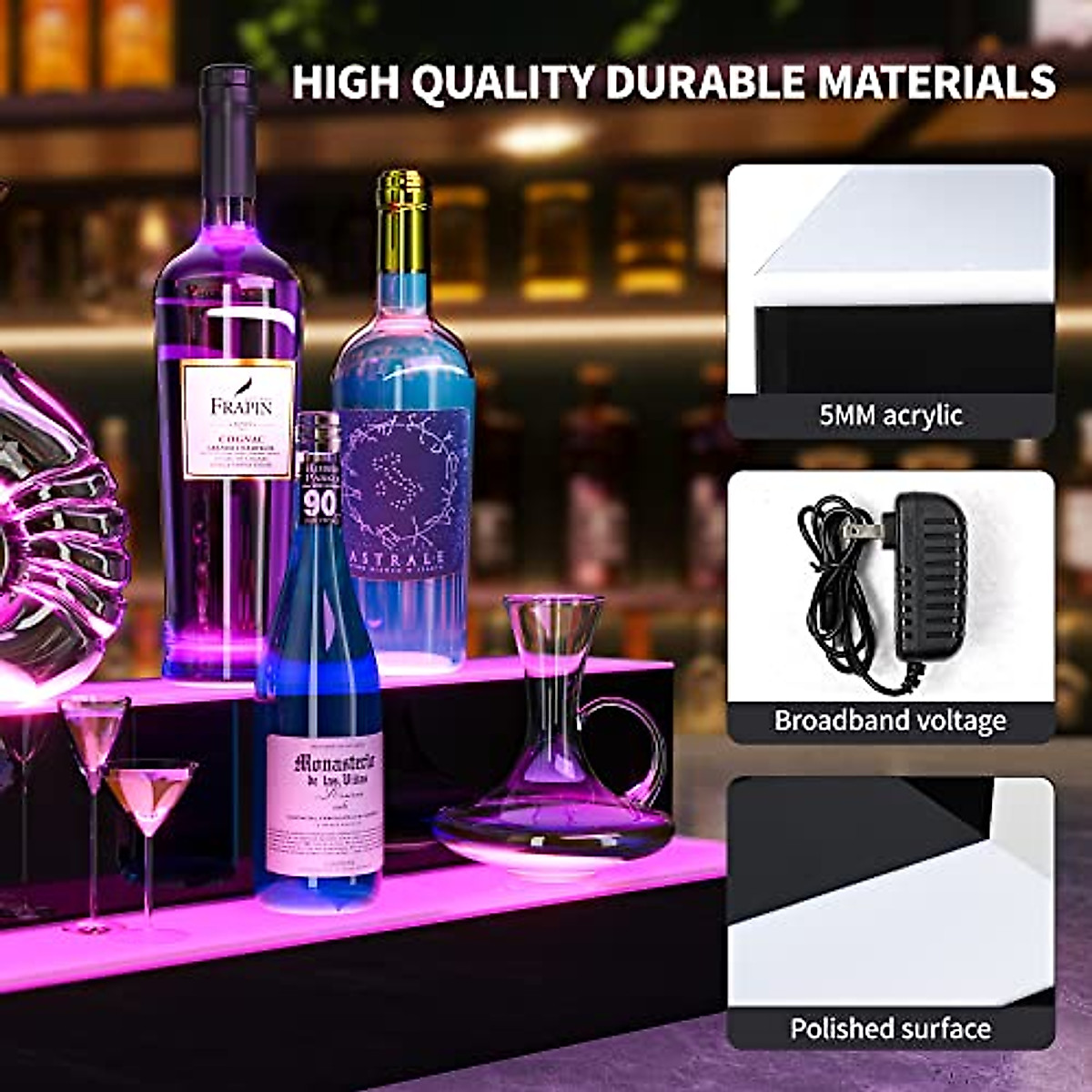 YITAHOME LED Lighted Liquor Bottle Display Shelf, 2-Step 24-inch Bar Liquor Alcohol Shelf for Home Counter Party, Acrylic Mounted Whiskey Rack Stand with Remote & App Control