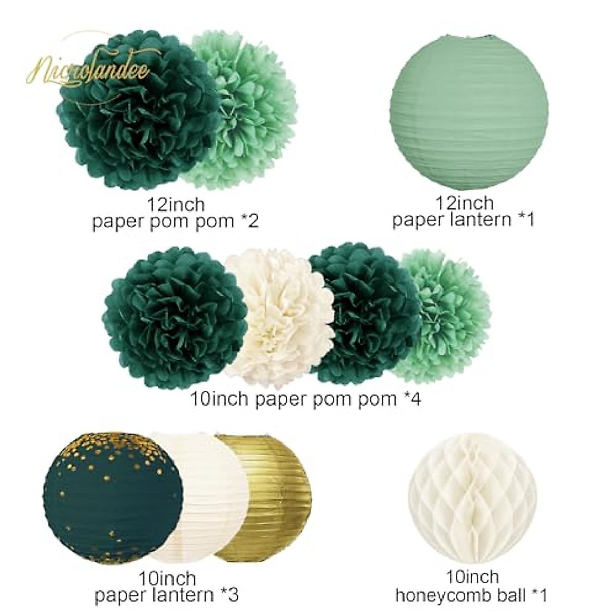NICROLANDEE Wedding Party Decorations - 12PCS Emerald Green Hanging Tissue Pom Poms Gold Foil Dots Paper Lantern Confetti 30G for Rustic Style Bridal Shower Birthday Botanical Baby Shower Decorations