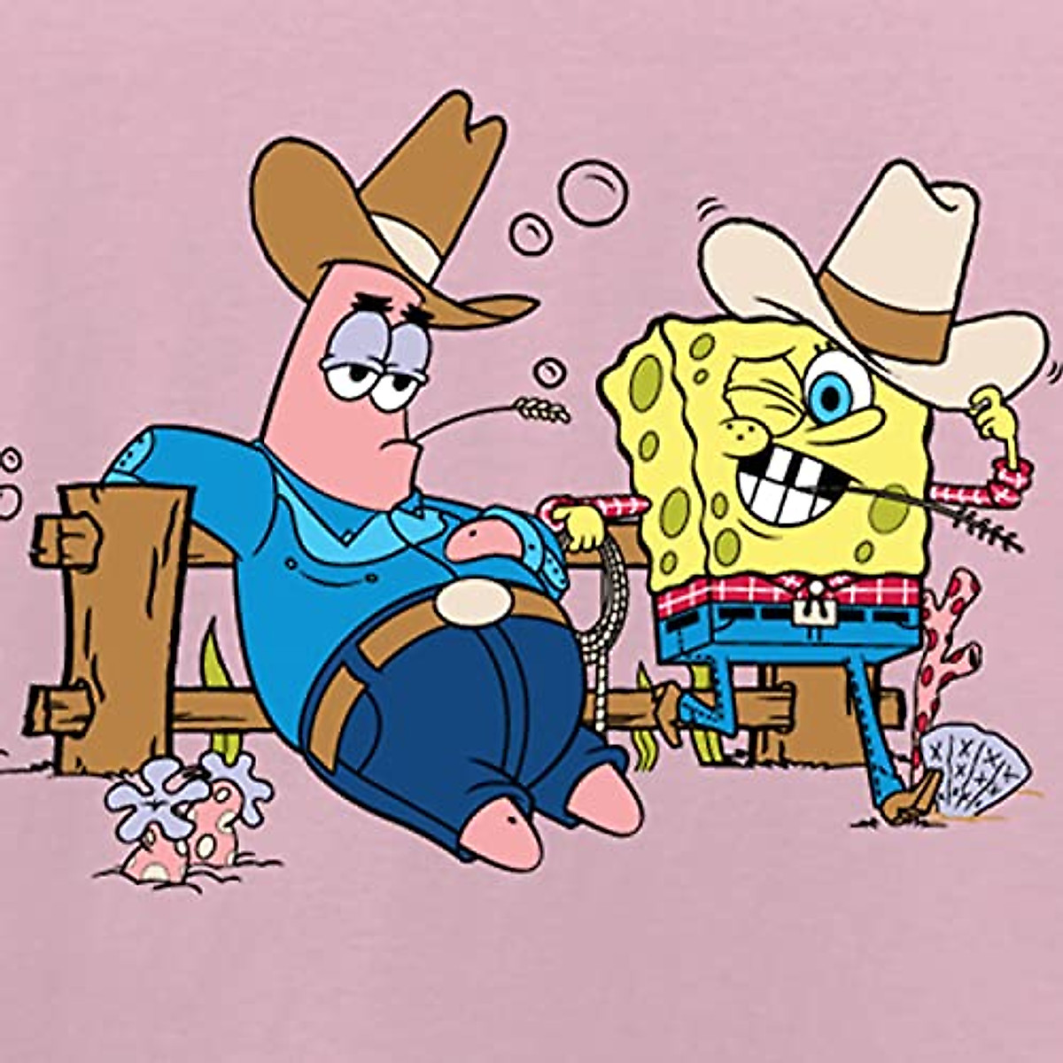 Mens Spongebob Squarepants Classic Shirt - Spongebob, Patrick & Krusty Krab T-Shirt (Light Pink Western, Large)