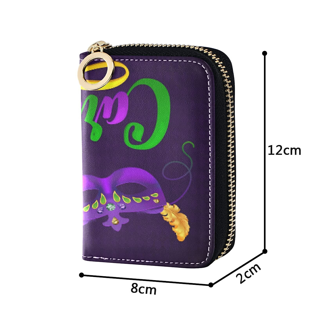 Mardi Gras Carnival Calligraphy Face Mask Purple Green on BlackGrey Credit Card Coin wallet, RFID Blocking Compact Women Leather Card Holder, Key Change Organizer, Zipper Purse Clutch Pouch