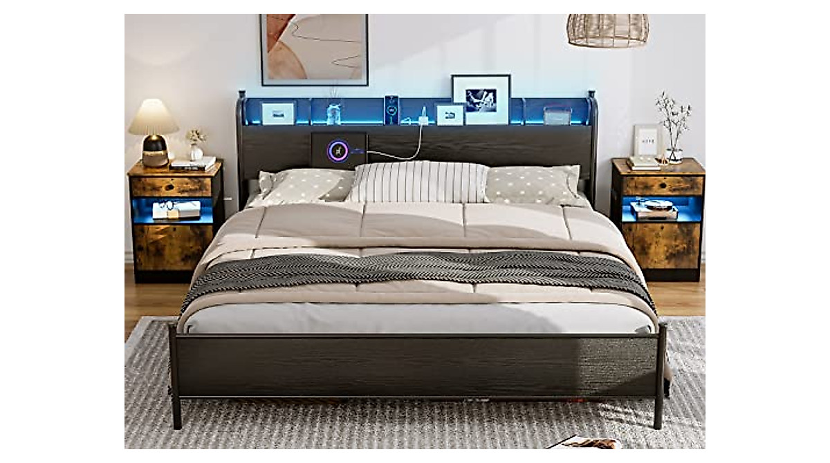 IKIFLY California King Bed Frame w/ Storage, Charging & LED