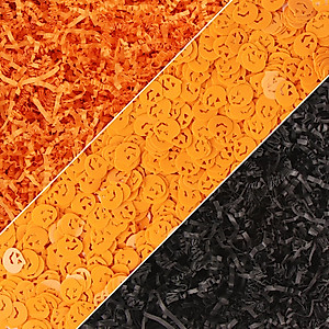 LOMIMOS 450g/1LB Halloween Raffia Paper, Black Orange Shred with Pumpkin Confetti Sprinkle for Gift Wrapping Craft DIY Packaging Filling Party Decoration