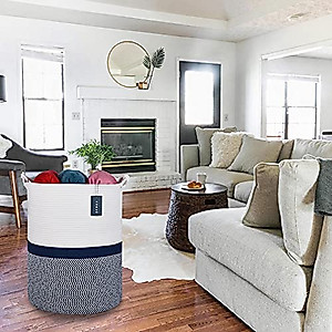 COMSE Extra Large Blanket Basket, Tall Storage Basket, 15.7”x 21.7”, Tall Rope Laundry Basket, Cotton Rope Basket, XXXL Laundry Basket, Toy Basket, Woven Basket, Clothes Baskets, Blend White/Navy Blue