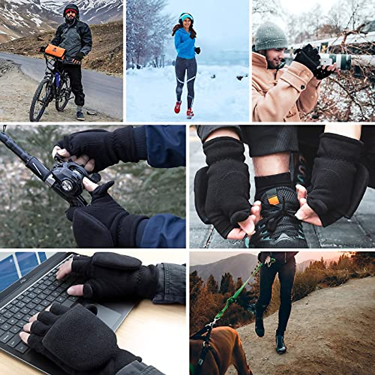 BESSTEVEN Winter Fingerless Gloves for Men Women | Convertible Flip Top Mittens - Thermal Polar Fleece Warm Lightweight for Texting Jogging - Black Medium
