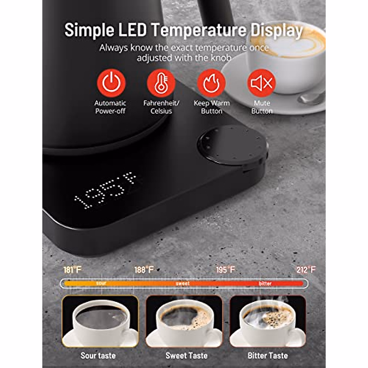 Paris Rhône Gooseneck Electric Kettle, Temperature Variable Electric Kettle for Coffee Tea Brewing, 0.9L Stainless Steel Tea Kettle, 1H Temperature Holding, Built-in Stopwatch for Gift