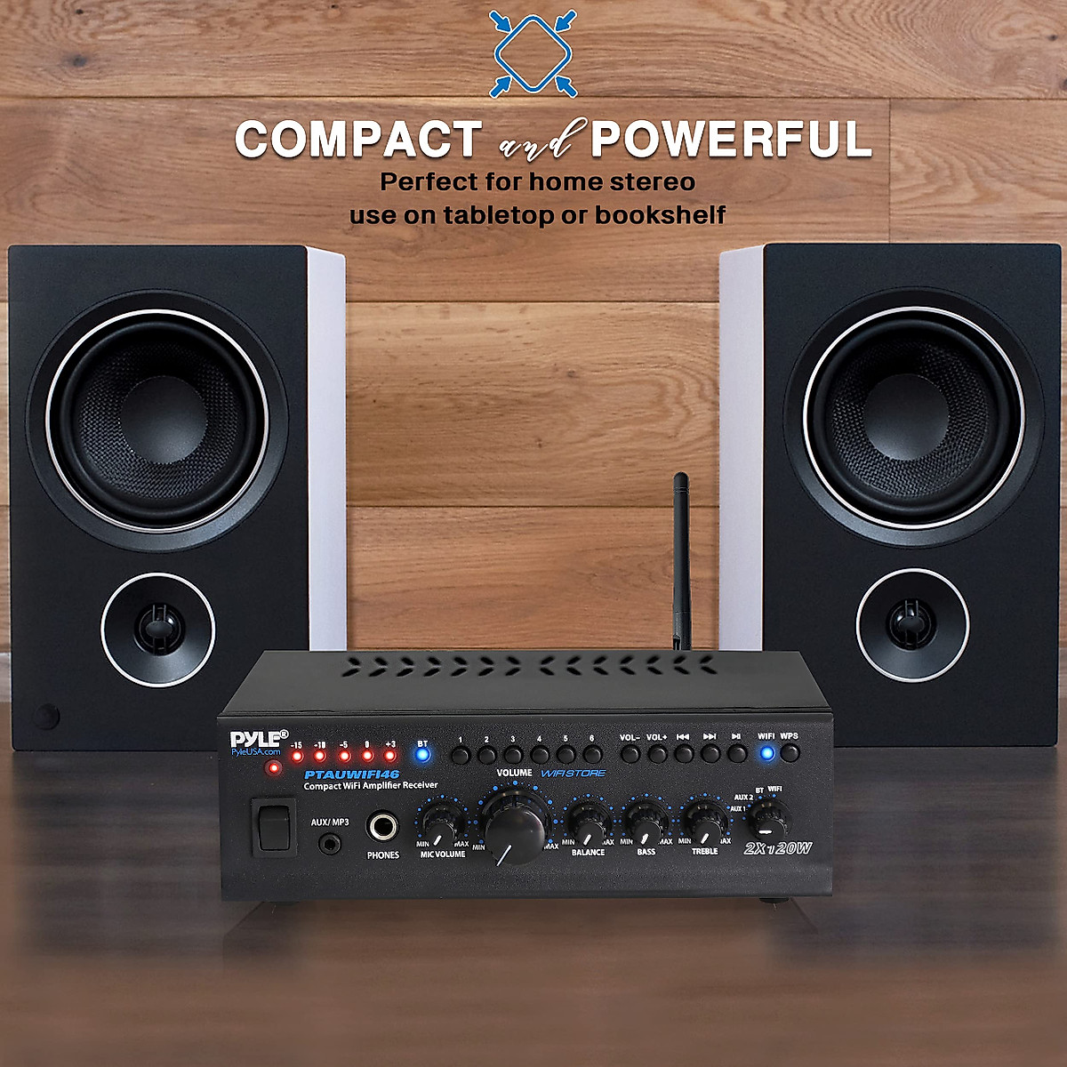 Pyle WiFi Stereo Amplifier Receiver Home Theater Audio System Wireless Bluetooth AUX MP3 Music Streaming 1/4'' Input & Microphone Paging/Mixing Control 240 Watt (PTAUWIFI46) Black