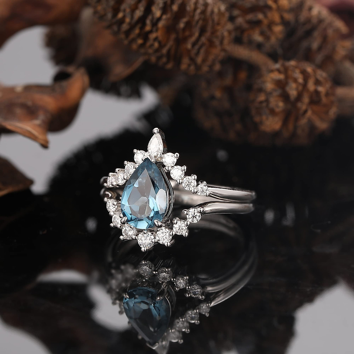 Frayerr Moissanite Ring - 925 Sterling Silver Wedding Band - Topaz Wedding Sets - Retro 1.50 Carat Natural London Blue Topaz Ring - Pear Shape Moissanite Women Ring - Birthstone Ring - Birthday Gifts (6.5)