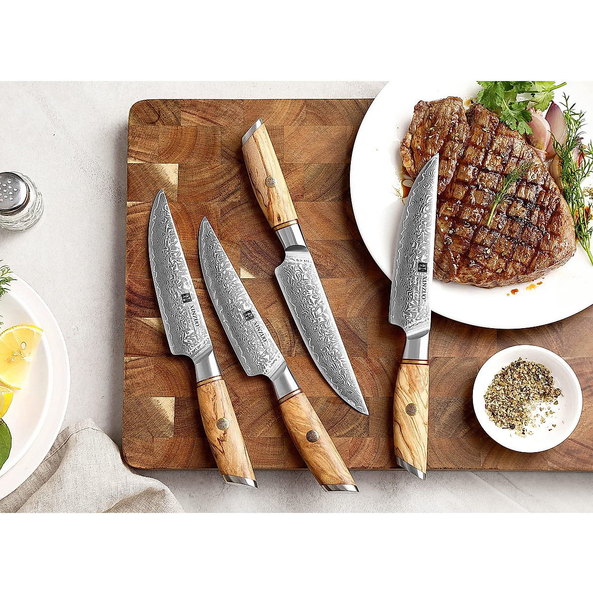 XINZUO Steak Knife Set of 4, Damascus Powder Steel Kitchen Steak Knife Set, Non Serrated Steak Knives, Razor-Sharp Dinner knives with Gift Box, Kitchen Table Knife with Olive Wood Handle-Lan Series