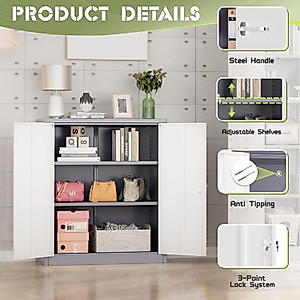 SUNCROWN Metal Storage Cabinets, 42”Locking Cabinet with Doors and Adjustable Shelves, Steel Utility Tool Garage Cabinets for Home, Office, Kitchen,Warehouse （Grey & White）