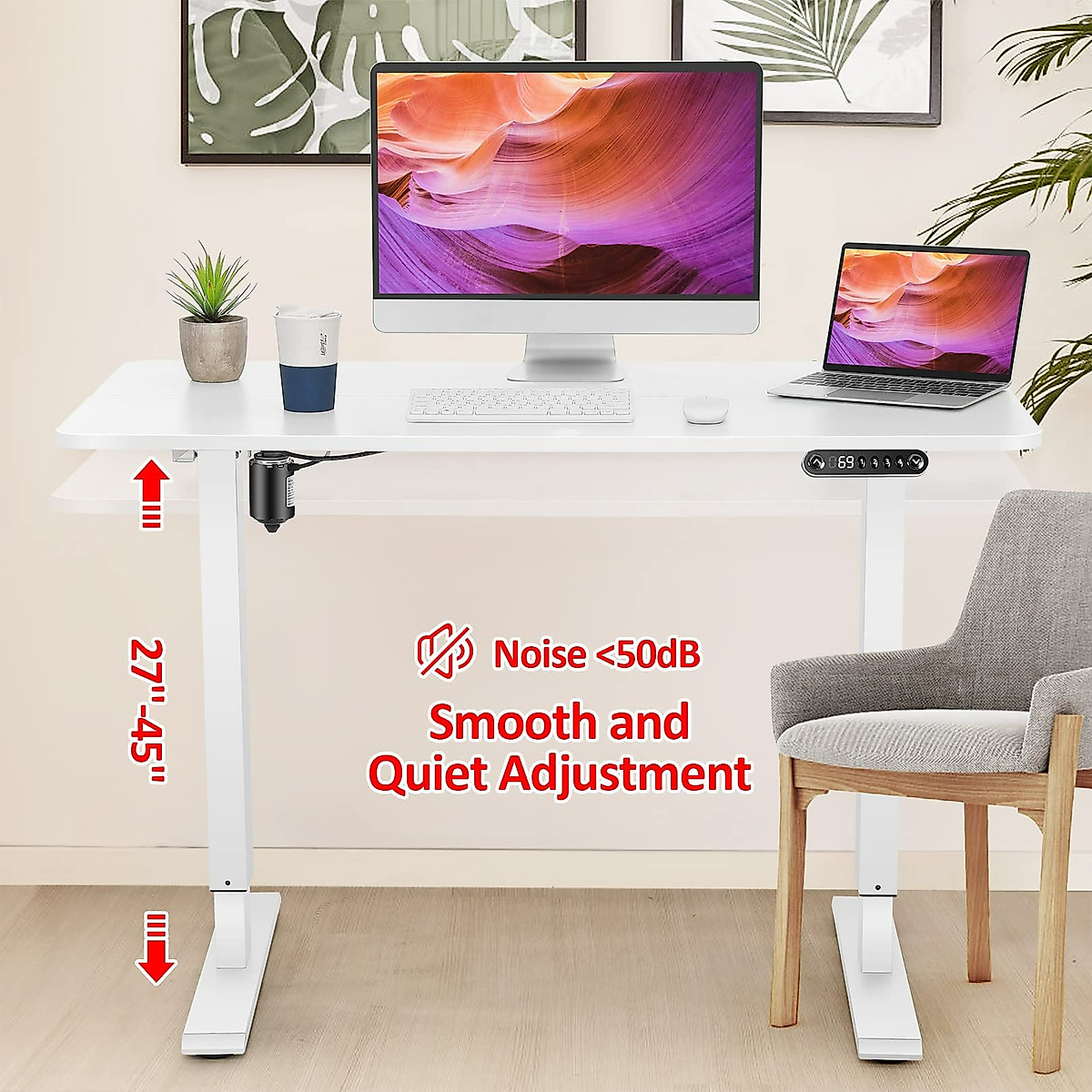 farexon Adjustable Standing Desk, 48in Raising Desk Ergonomic Desk with 2 USB Ports & 3 Power Outlets, and 6.5 ft Power Cord, Height Adjustable Desk with Double Crossbeam Structure, White