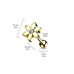 Amelia Fashion 16GA Flower with CZ Solitaire 316L Surgical Steel Cartilage, Tragus Barbell Studs (Steel/Clear)