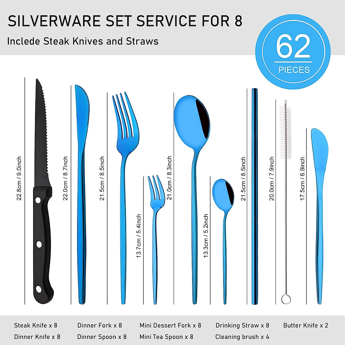 Uniturcky 62-Piece Blue Flatware Set for 8 Stainless Steel Silverware Set with Steak Knives, Plus Reusable Metal Straws and Butter Knives, Party Tableware Cutlery Set, Mirror Polished