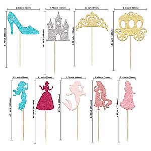 Gyufise 36Pcs Princess Cupcake Toppers Colorful Glitter Mermaid Girl Castle Carriage High Heel Crown Cupcake Picks Princess Theme Baby Shower Girls Birthday Party Cake Decorations Supplies