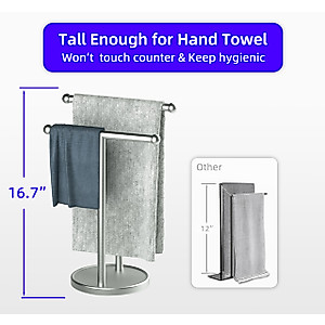 Qflushor 2-Tier Hand Towel Holder Stand with Weighted Base, 16.7" Countertop Towel Holder for Bathroom, Standing Towel Rack Stainless Steel, Double Fingertip Towel Holders, Silver