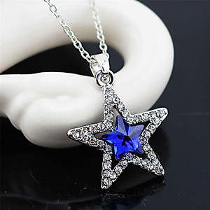AILUOR Five-Pointed Star Sapphire Crystal Pendant Necklace, Fashion Silver Crystal Hollow Star Jewelry for Women (Blue)