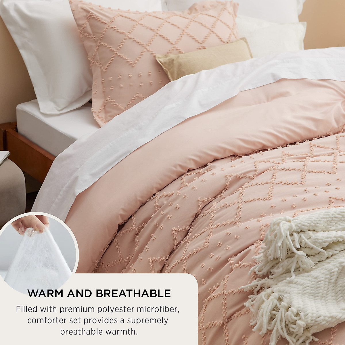 Bedsure Twin/Twin XL Comforter Set - Coral Pink Boho Twin Extra Long Comforter Set for College, Shabby Chic Dorm Bedding Set, 2 Pieces Modern Farmhouse Bed Set, Includes 1 Pillow Sham