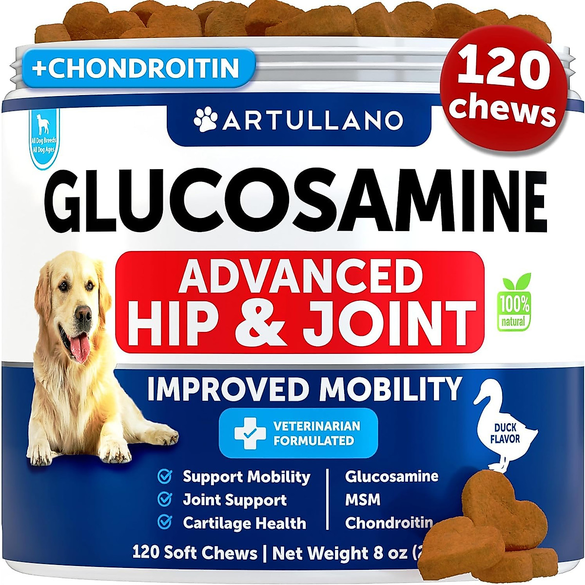 Glucosamine for Dogs - Hip and Joint Supplement for Dogs - Glucosamine Chondroitin for Dogs, Turmeric, MSM - Dog Glucosamine Support - Dog Joint Pain Relief Health - 120 Chews - Duck Flavor