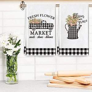 AnyDesign Spring Kitchen Towels Watercolor Farmhouse Floral Dish Towel Rustic White Black Buffalo Plaids Hand Drying Tea Towel for Cooking Baking Cleaning Wipes, Set of 4, 18 x 28 Inch