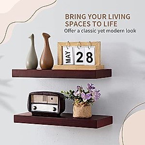 Floating Shelves Set of 2, Farmhouse Rustic Wood Shelves for Wall Storage, Solid Wood Bathroom Shelves, Wall Mounted Wooden Display Shelf for Living Room, Kitchen, 16 x 6.7 x 1.4 inch, Mahogany