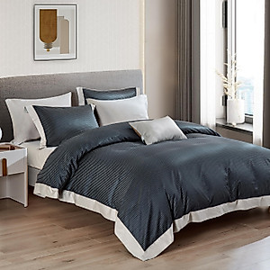 CASA BOLAJ DESIGNED TO DREAM Casabolaj Duvet Cover Set 3PCS Cotton Yarn Dyed Jacquard Navy Stripe (Queen, Duvet Cover Set)