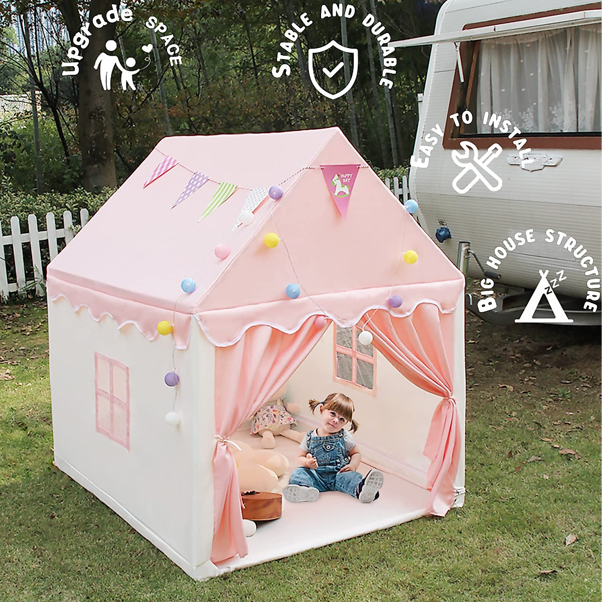 Princess Castle Play Tent for Kids, 100% Natural Fabric Extra Large Foldable Fairy Pink Tent for Girls, Playhouse with Lights and Flags for Children Indoor & Outdoor by WOOD CITY (52"x 40"x 47")