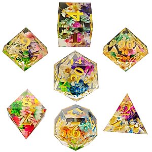 WZLHJRAR DND Dice Set - 7pcs D&D Dungeons and Dragons RPG Polyhedron with Sharp Edges Resin Dice MTG Pathfinder Tabletop Game Collection and Gifts D20 Black Storage Bag - Flower