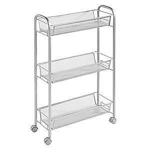 mDesign Steel Rolling Utility Cart Storage Organizer Trolley with 3 Basket Shelves for Laundry Room, Mudroom, Garage, Bathroom Organization - Holds Detergents, Hand Soap - Biro Collection, Silver