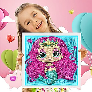 cviokrdu 5D Diamond Painting Kits for Kids with 7.1"X7.1"Wooden Frame,Disney Cartoon Mermaid Diamond Art for Kids Ages 6-12 by Number Kits DIY Painting Arts and Crafts,Diamond Dots for Kids Gift