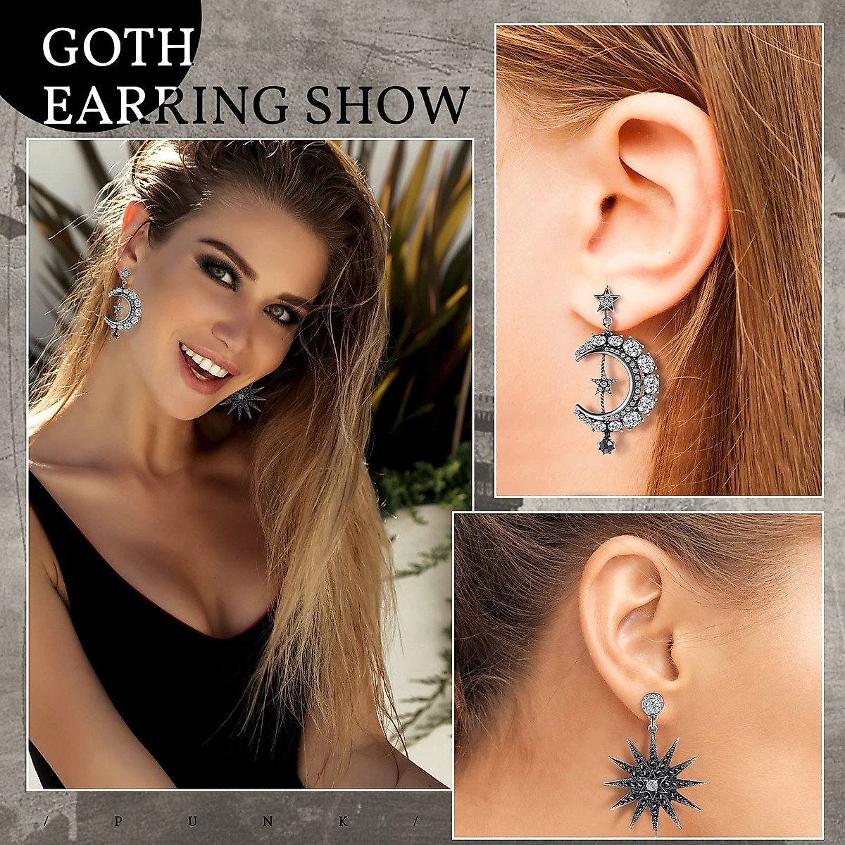 2 Pairs Goth Earrings Moon Drop Earrings Sun Star Earring Rhinestone Punk Earrings Vintage Long Drop Dangle Stud for Women(Black)