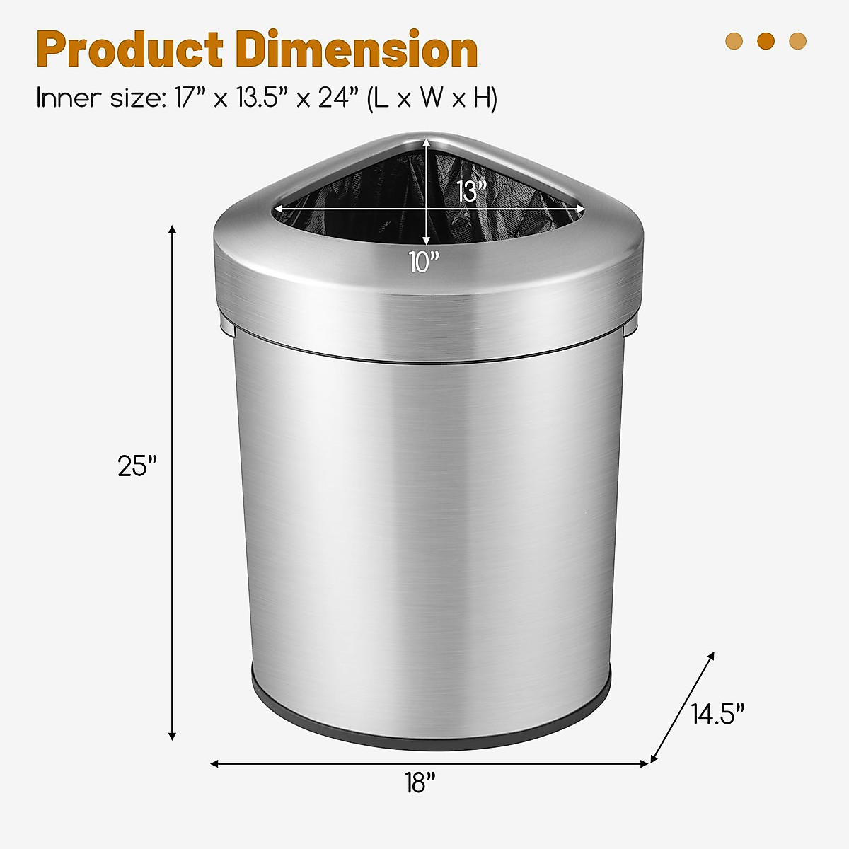 S AFSTAR Corner Trash Can 16 Gallon/60 L, Kitchen Garbage Can, Large Open Top Touchless Rubbish Can, Anti-Slip Bottom, Triangular Waste Bin, Stainless Steel Trash Bin for Bathroom Kitchen Bedroom