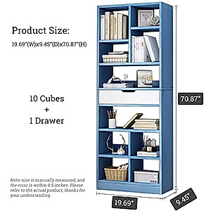 IOTXY Wooden Open Shelf Bookcase - 71 Inches Tall Freestanding Display Storage Cabinet Organizer with 10 Cubes and a Drawer, Floor Standing Bookshelf in Bright Blue