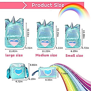 Muizary 3Pcs Cute Unicornios Backpack Set with Lunch Bag, Elementary Knapsack Rainbow Sequins bookbag for Girls and Woman -L(blue)